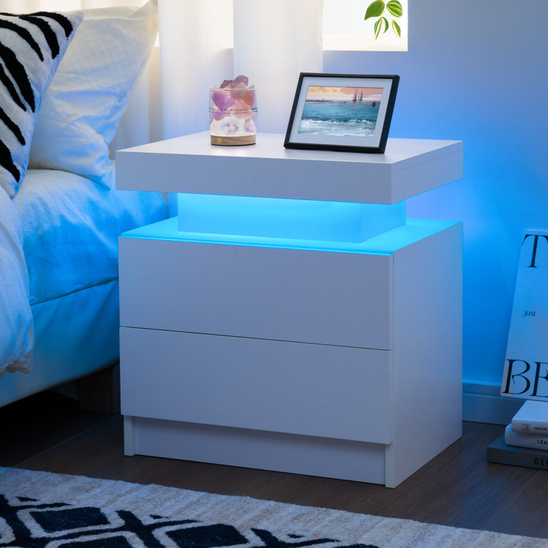 Ivy Bronx Bedside Table With 2 Drawers Led Nightstand Wooden Cabinet Unit With Led Lights For Bedroom End Table Side Table For Bedroom Living Room Reviews Wayfair